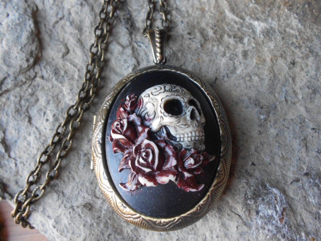 CAMEO LOCKET-- Skull and Roses - Dark Red / Maroon - Hand Painted - 2 ...