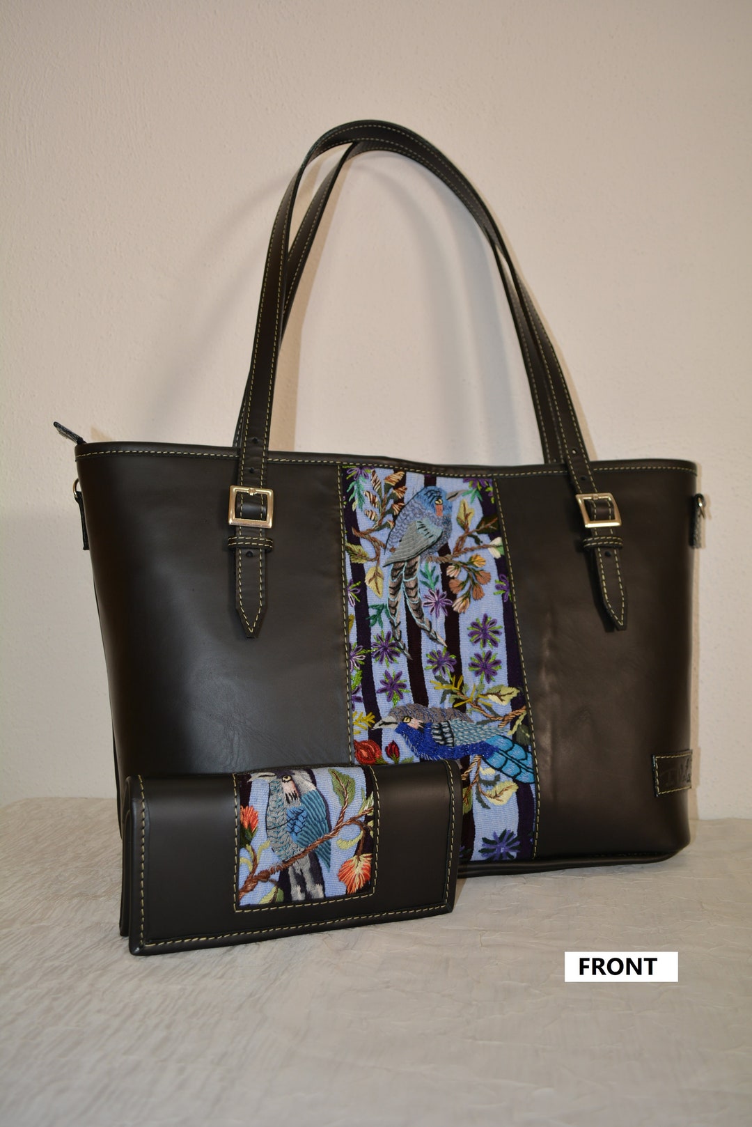 Leather Weekender Bag, Guatemalan Embroidered Bag, Huipil Tote Bag ...