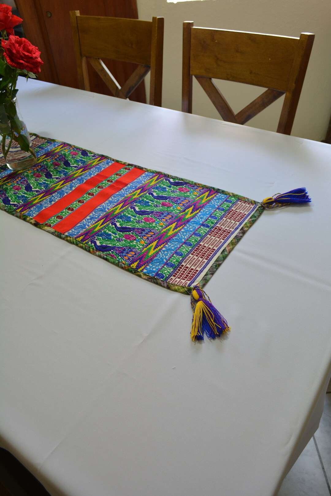 Hand Embroidered Guatemalan Table Runner: Peacock Floral Tassels - Etsy