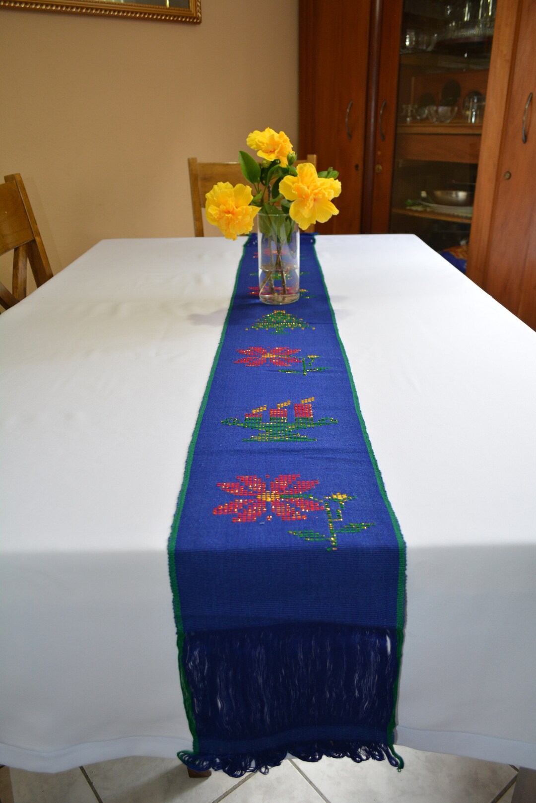 Handwoven Christmas Table Runner Poinsettia Deer Table Runner ...