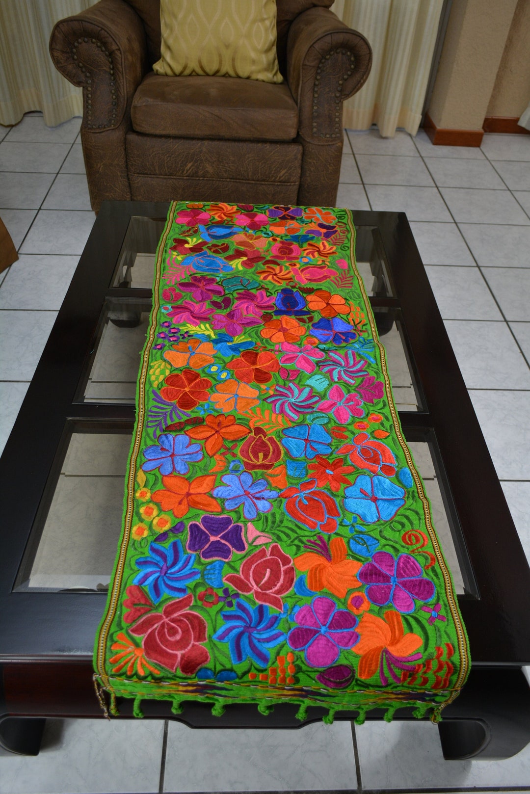 Guatemalan Textile, Embroidered Floral Pattern Fabric, Green Tablecloth ...
