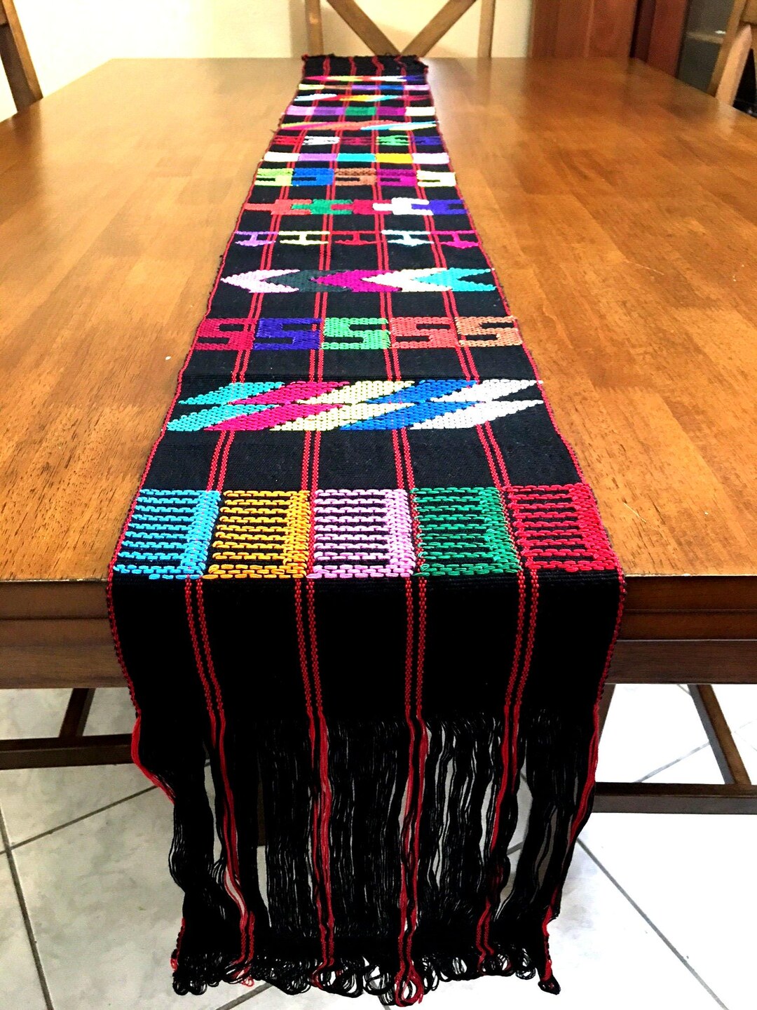 Fringed Guatemalan Table Runner: Handwoven Black Cotton, Geometric ...