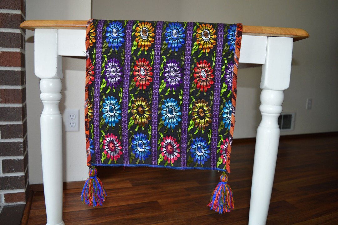Hand Embroidered Floral Table Runner: Guatemalan Cotton-silk Tassel ...