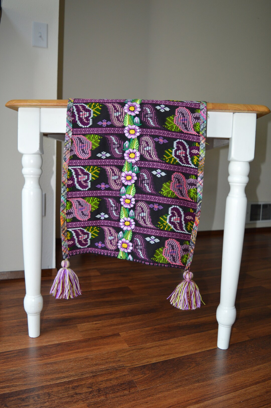 Hand Embroidered Calla Lily Table Runner: Guatemalan Floral Tassel ...
