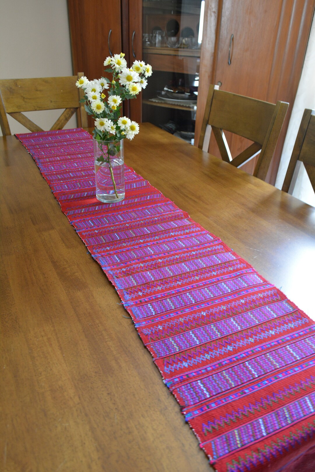Embroidered Table Runner: Vintage Guatemalan Huipil, Geometric Motifs ...
