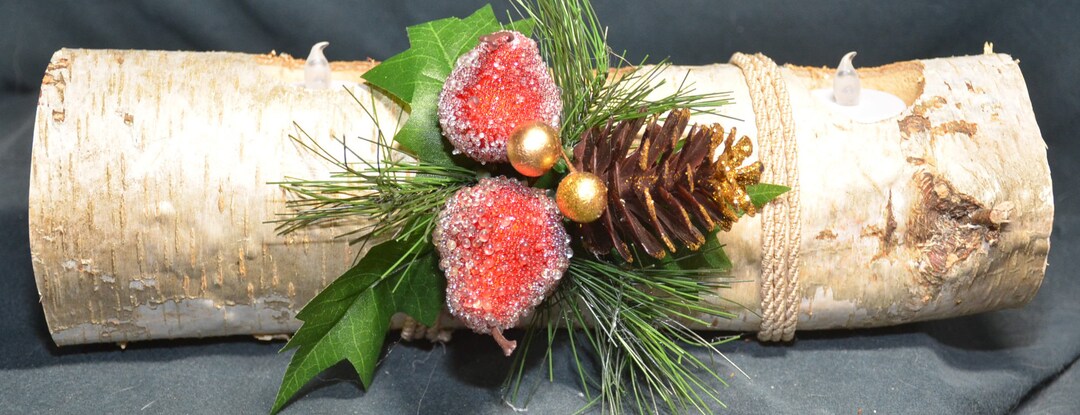 Birch Log Centerpiece Decoration Three Tea Lights Pine Cone and Pears ...