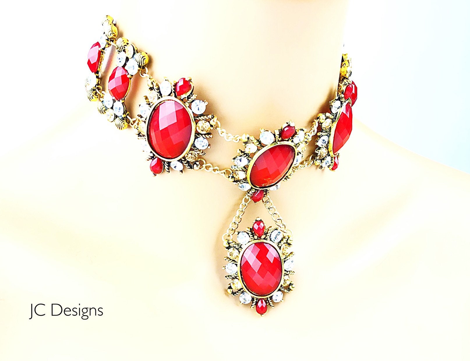 Red Choker Victorian Choker Gold Finish Choker Royal - Etsy