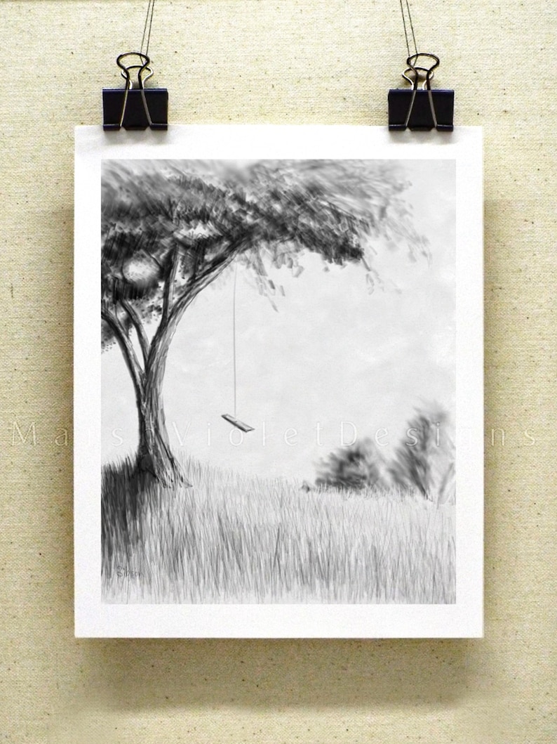 Kids Tree Swing Print, Drawing Sketch, Monochrome, Black and White ...