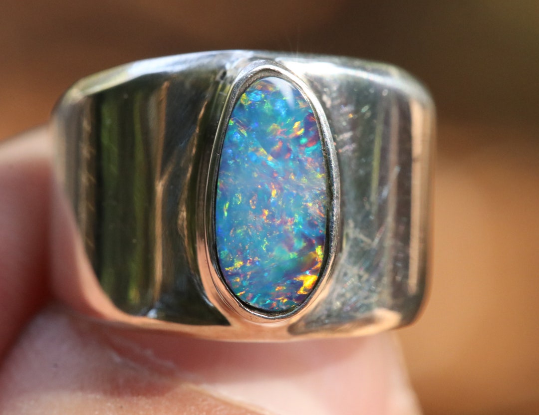 Small Multi Color Australian Fire Opal Ring, Solid Sterling Silver, Wide Band Ring, High Quality ...