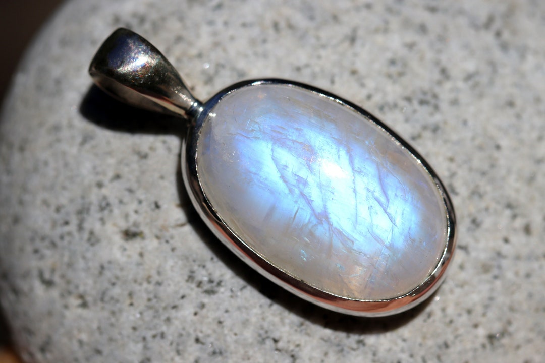 Natural Blue-white Rainbow Moonstone Pendant Bezel Set Solid Sterling ...
