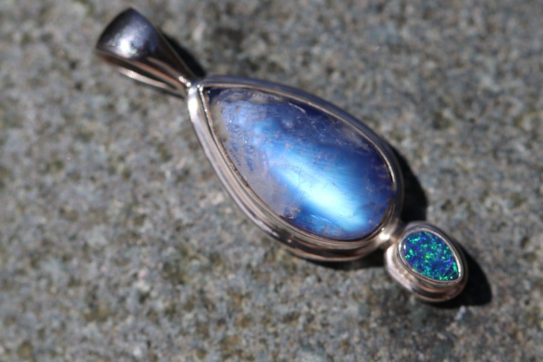 Small Rainbow Moonstone & Australian Fire Opal Pendant, 925 Sterling ...