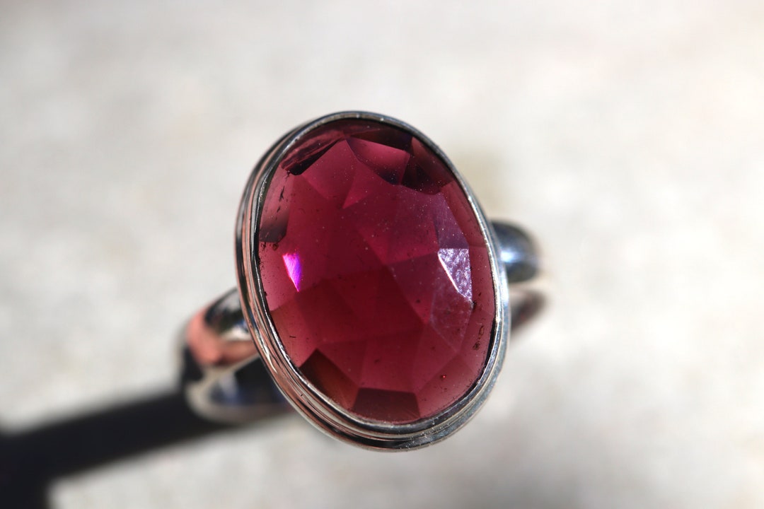 Large Almandine Red Wine Garnet Ring, Size 8, Diamond Checker Top Cut ...