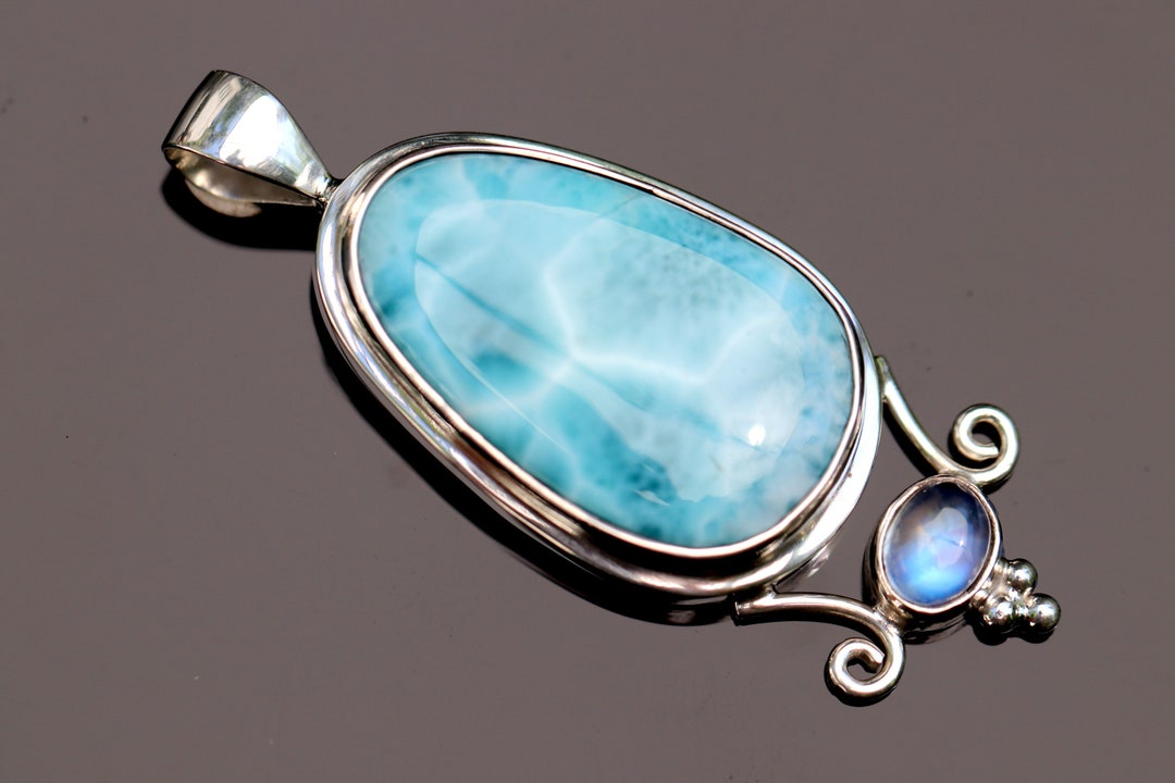 Turtle Back Blue Larimar & Rainbow Moonstone Pendant Bezel Set in Solid ...