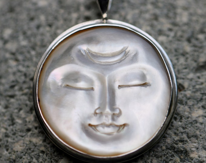 White Moon Face Mother of Pearl Pendant, Cameo Hand Carved Mother of ...