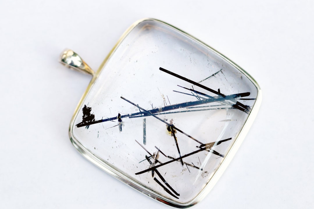 Extra Large Square Tourmalated Quartz Pendant, Sterling Silver Setting ...