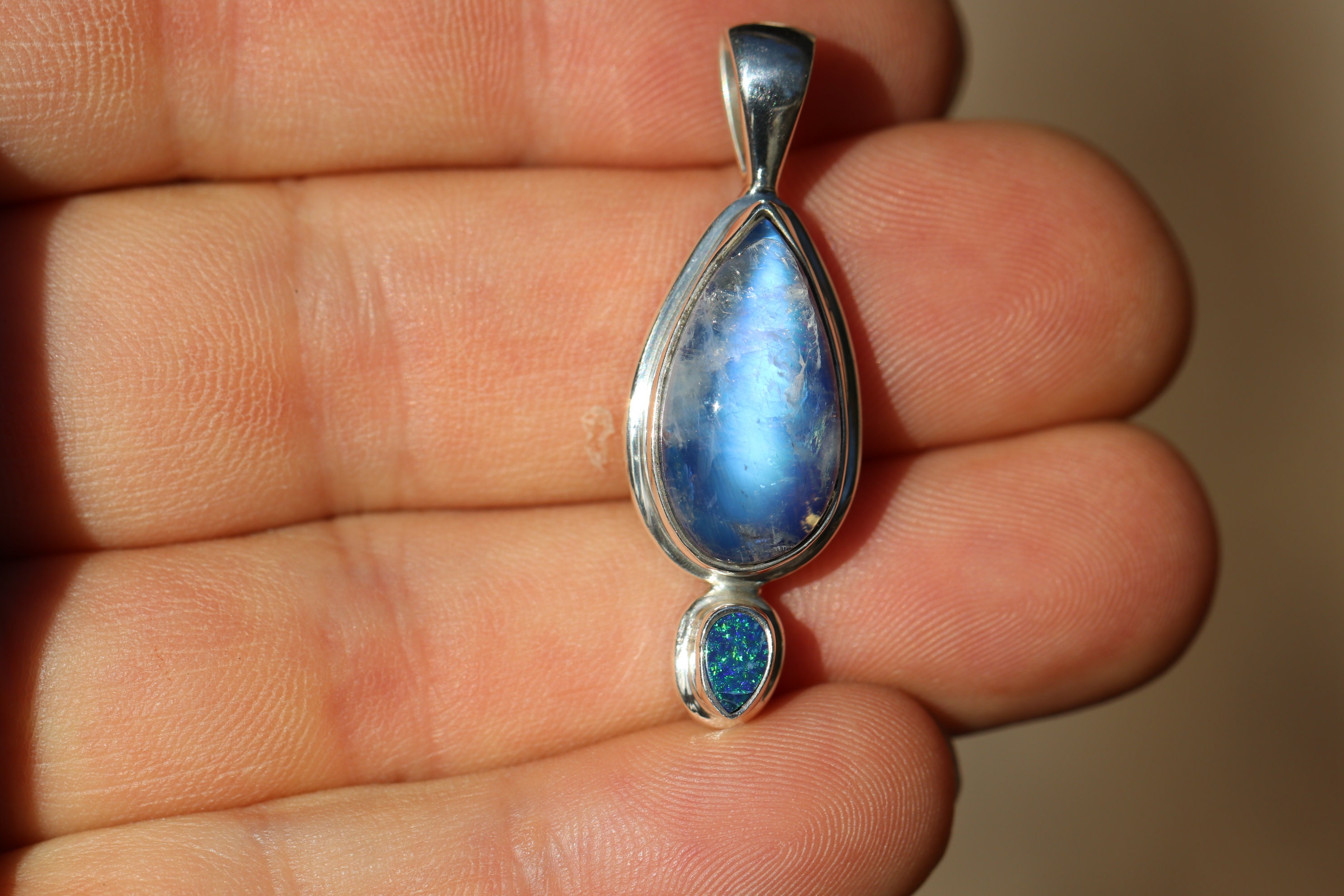 Small Rainbow Moonstone & Australian Fire Opal Pendant 925 | Etsy