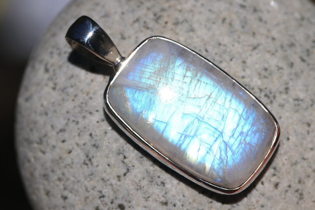 Squoval Shape Blue-white Rainbow Moonstone Pendant Bezel Set Solid ...