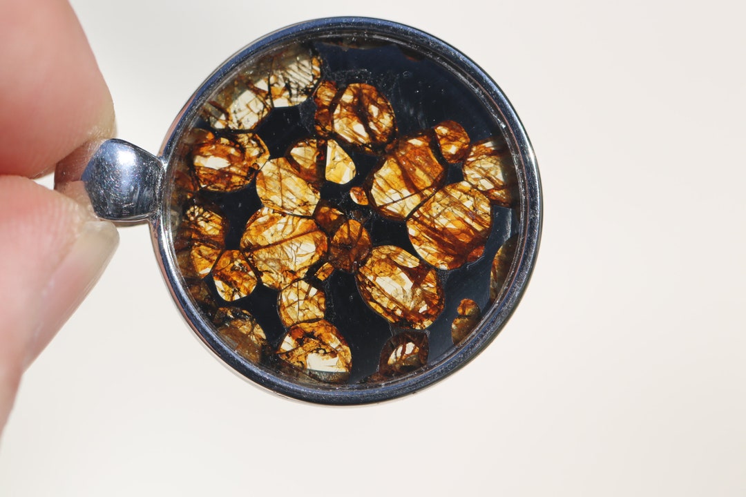 Round Sericho Pallasite Meteorite Pendant, Sterling Silver, Mens ...