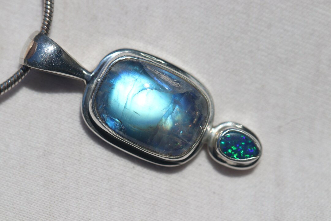 Petite Dark Blue Rainbow Moonstone & Australian Fire Opal Pendant, 925 ...