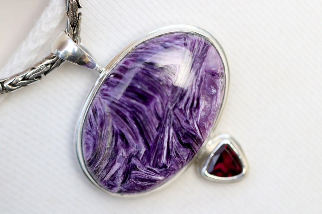 Charoite & Pink Rhodolite Garnet Pendant, Handmade Solid Sterling ...