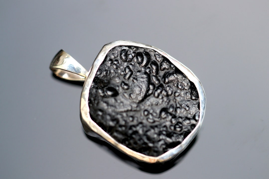 Black Tektite Pendant Set in Sterling Silver, Natural Glass Meteorite ...