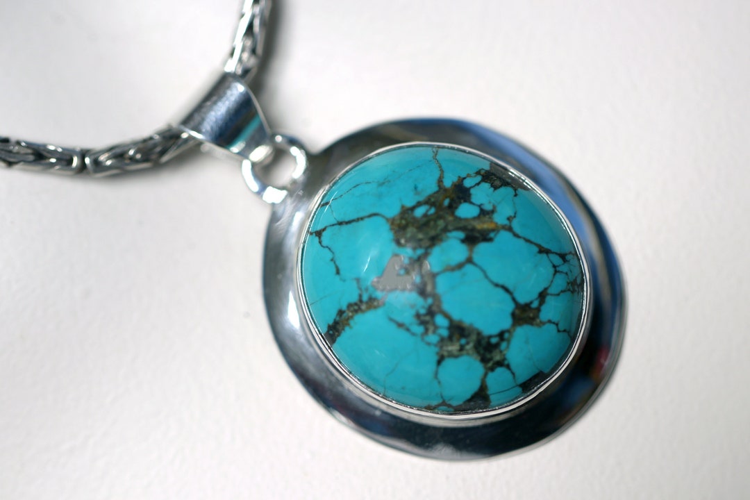 Spiderweb Turquoise Pendant, Handmade Solid Sterling Silver Bezel Set ...