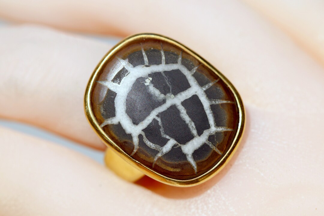 Squoval Shape Septarian Nodule Ring in Sterling Silver & Gold Vermeil ...