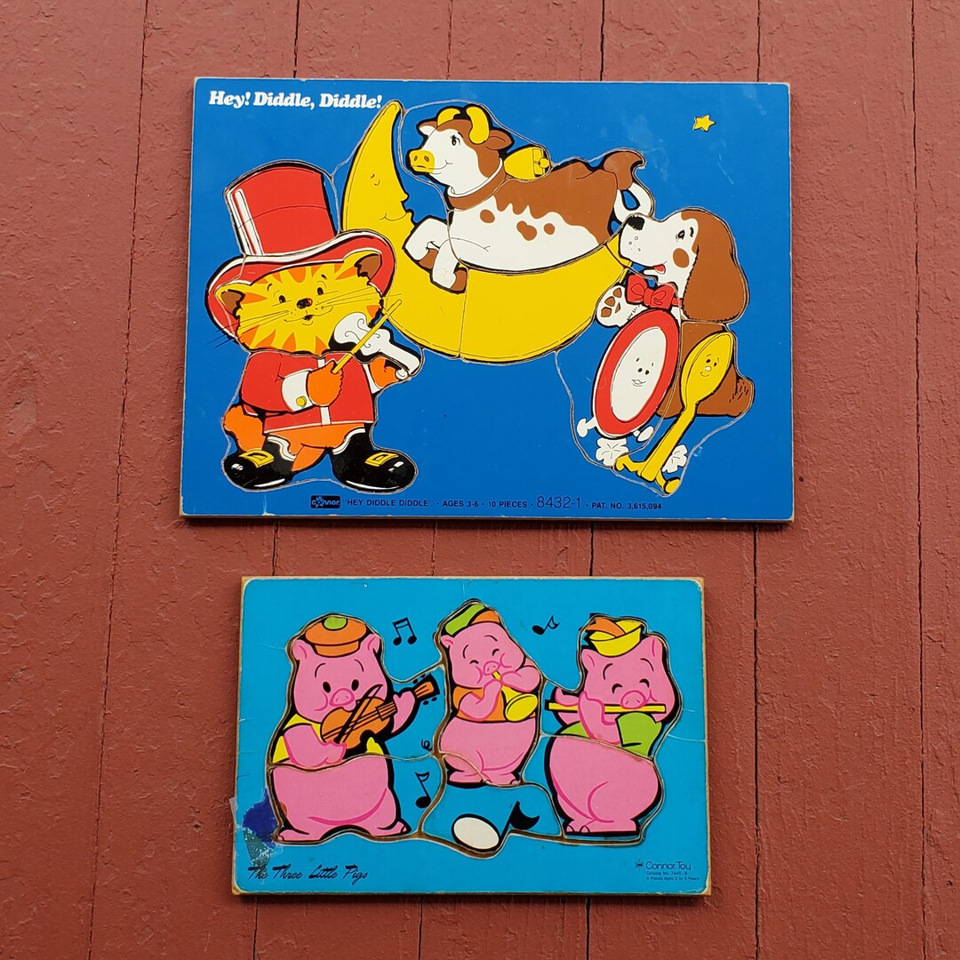 Vintage Wooden Puzzles Set: Hey Diddle Diddle & Three Little Pigs - Etsy
