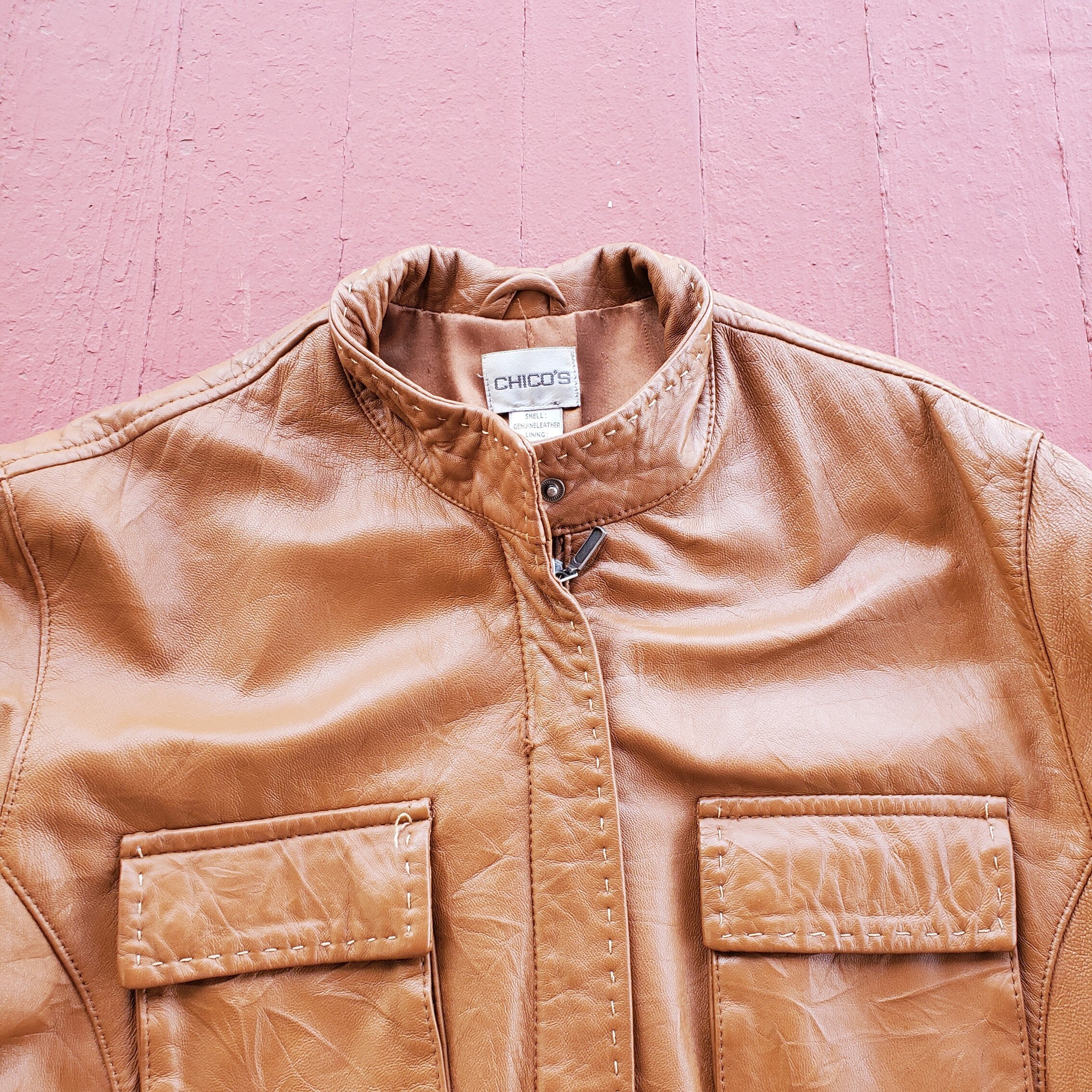 Women's Leather Jacket Banded Collar Top Stitch Caramel Women's Leather Jacket Banded Collar Top Stitch Caramel