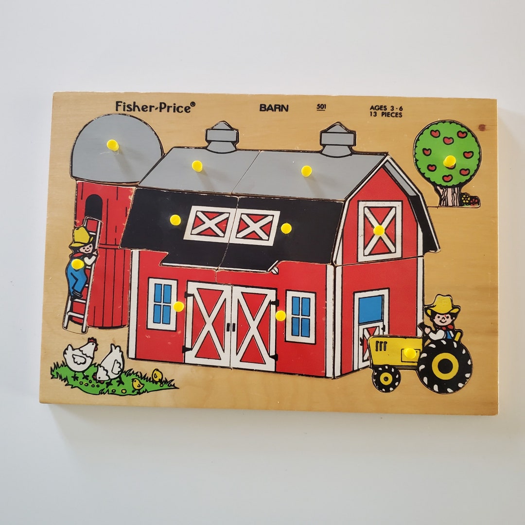 Rare Fisher-price Wooden Barn Puzzle With Pegs and Image Under Pieces ...