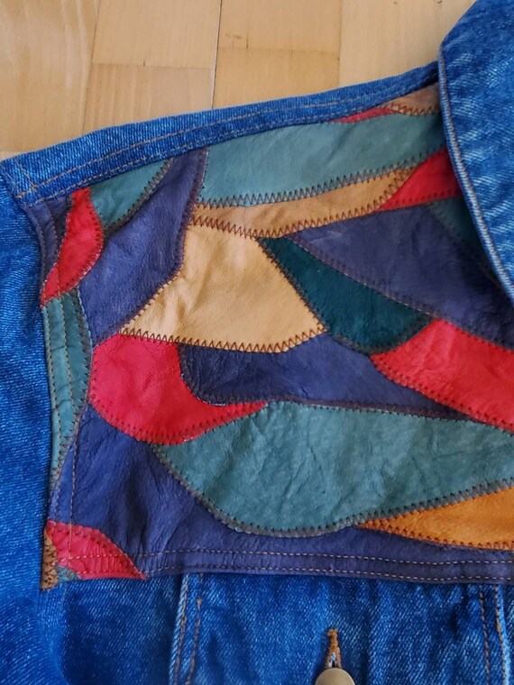Patchwork leather denim jacket 80's vintage classic d… - Gem