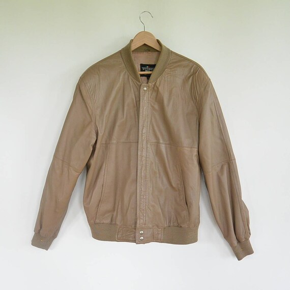 Men's Leather Creamy Tan Bomber Jacket Minimalist Sim… - Gem