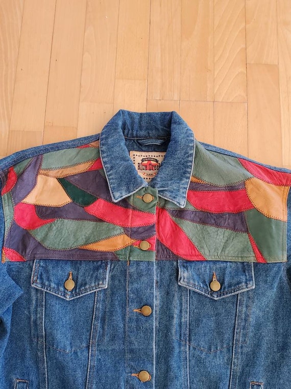Patchwork leather denim jacket 80's vintage classic d… - Gem