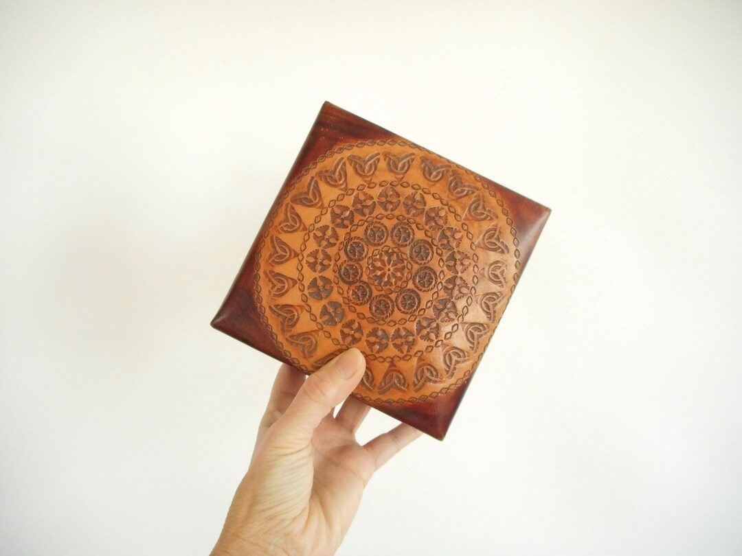 Leather Box Tooled Leather Velvet Lined Antique Vintage Leather Square ...