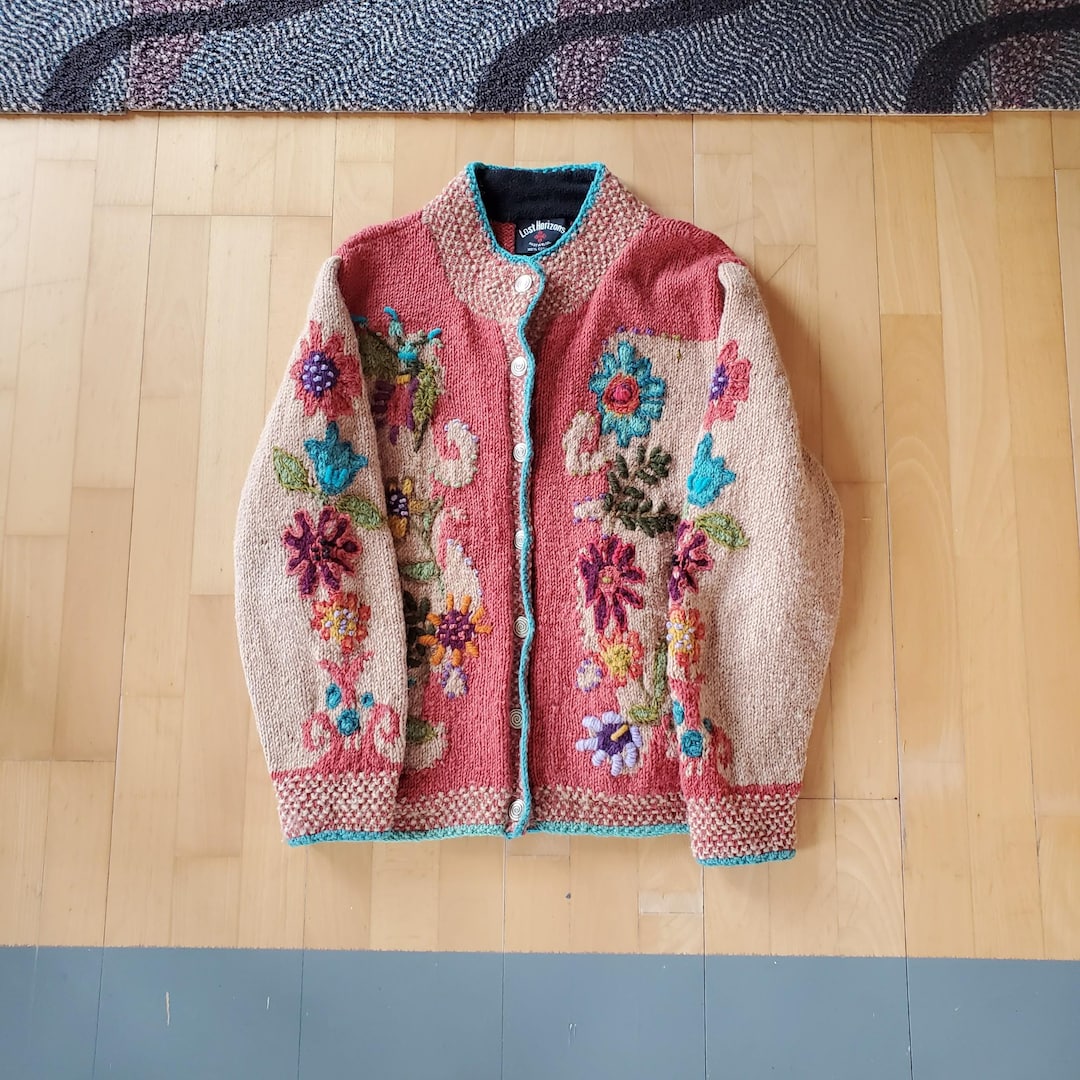 Nepal Wool Cardigan Chunky Lost Horizons Pockets Metal Buttons Raised ...