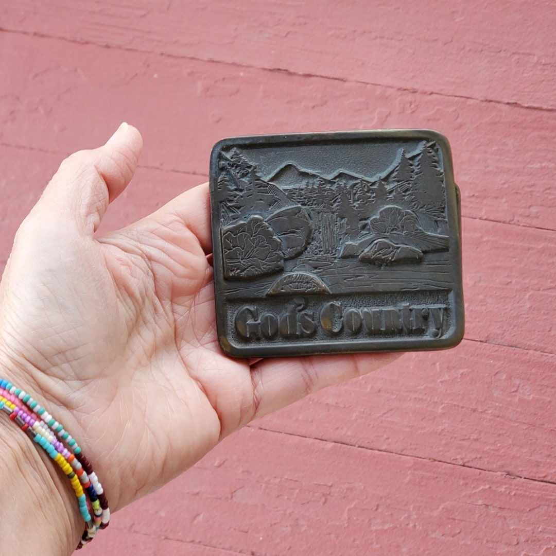 God's Country Adezy Belt Buckle Heavy Duty Vintage 1976 Mountain and River Scene Cowboy Country ...