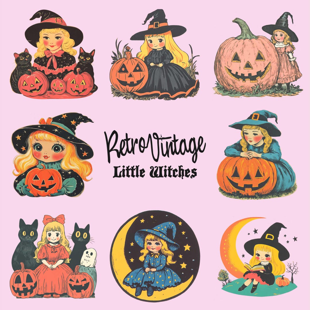Retro Vintage Little Witches Clipart, Halloween Clipart Bundle ...