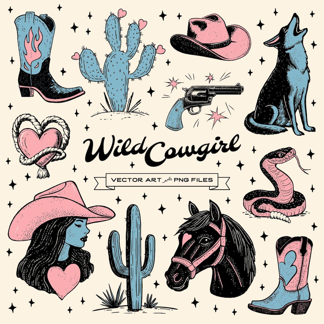 Wild Cowgirl Clipart Bundle: Hand-drawn Western PNG SVG (digital ...
