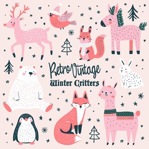 Retro Vintage Winter Critters Clipart Bundle, Cute Christmas Clipart ...