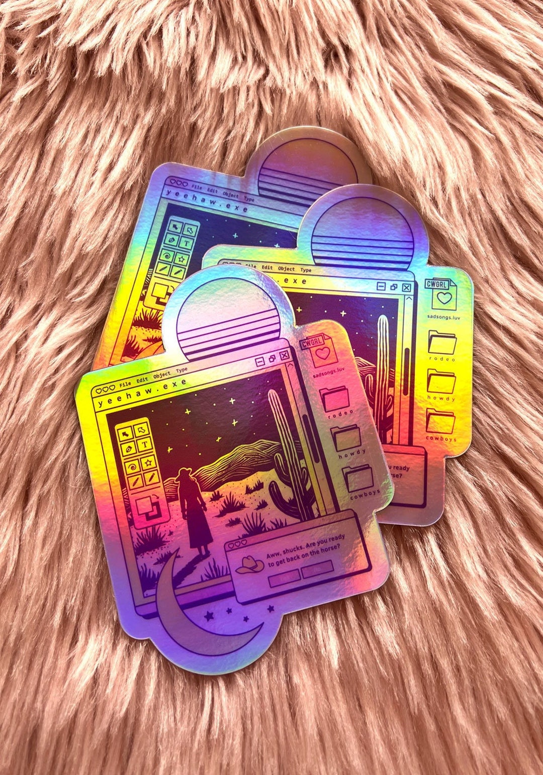 Yeehaw Vaporwave Hologram Sticker, Cowgirl Stickers, Lofi Stickers ...