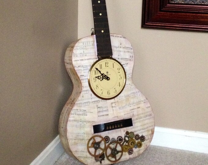 Time Steam Punk Vintage Acoustic Guitar Clock Art Piece Reusing a ...