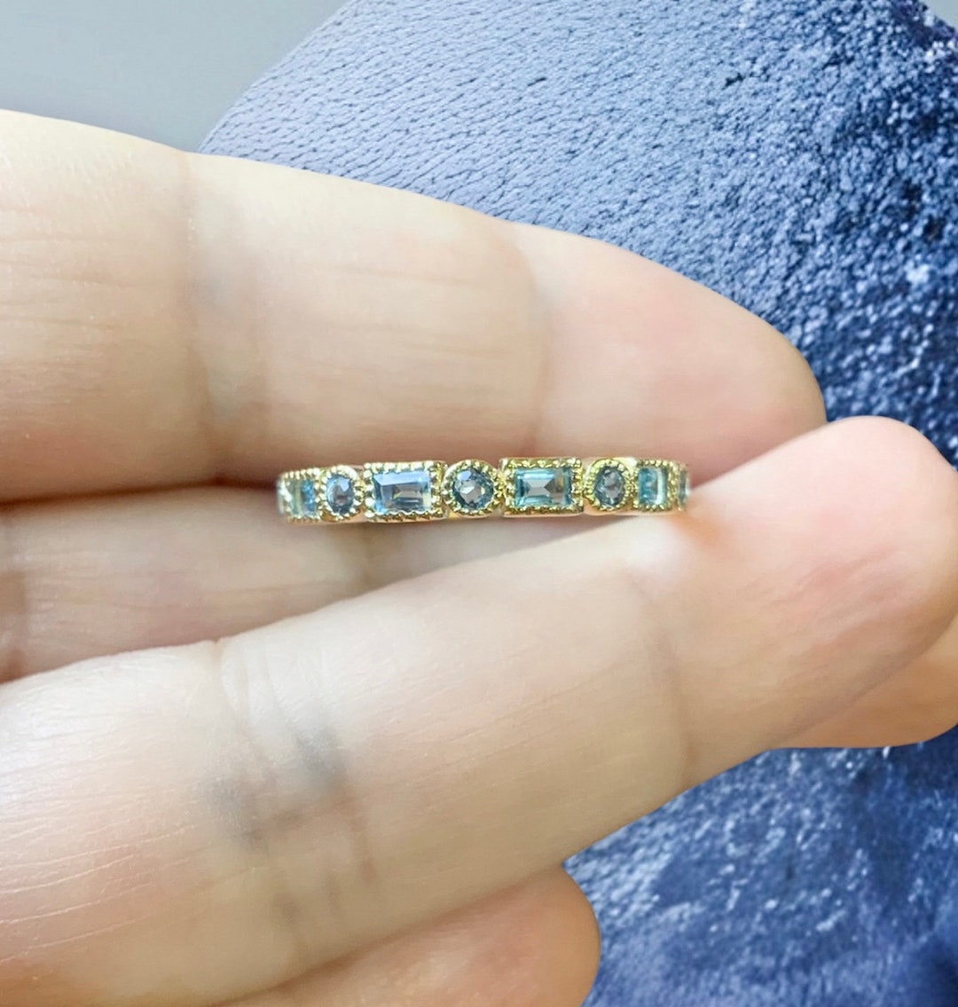 Aquamarine Baguette Round Eternity Band/ Dot Dash Milgrain Bezel Set ...