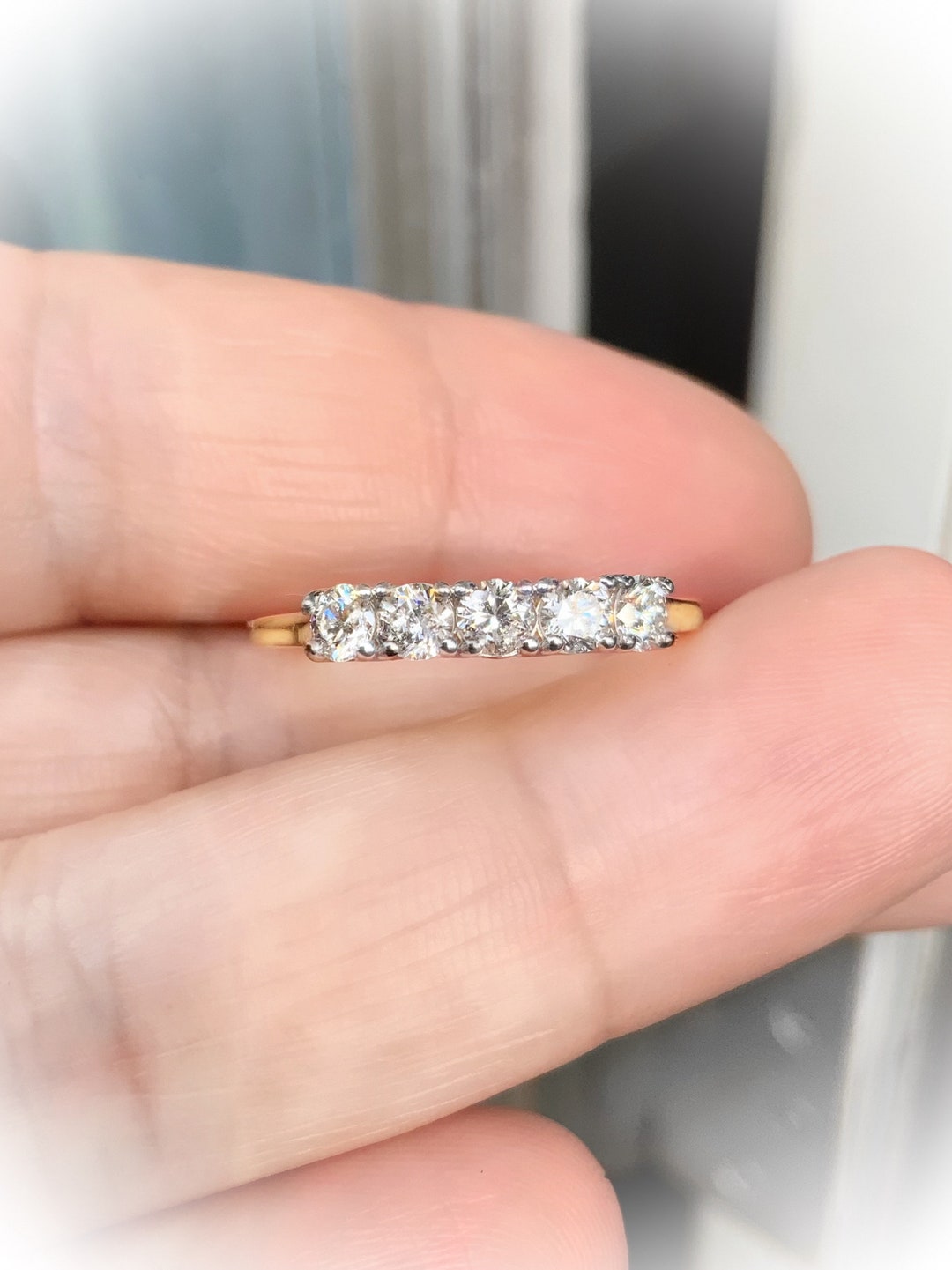Five Stone Diamond Ring/ Two Tone Gold Prong Set Ring With 5 Lab Grown ...