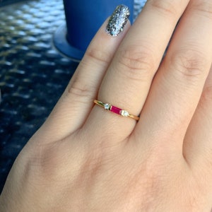 Dainty Ruby Diamond 3 Stone Ring/ Delicate Horizontal Baguette Ruby Mothers Ring/ July ...