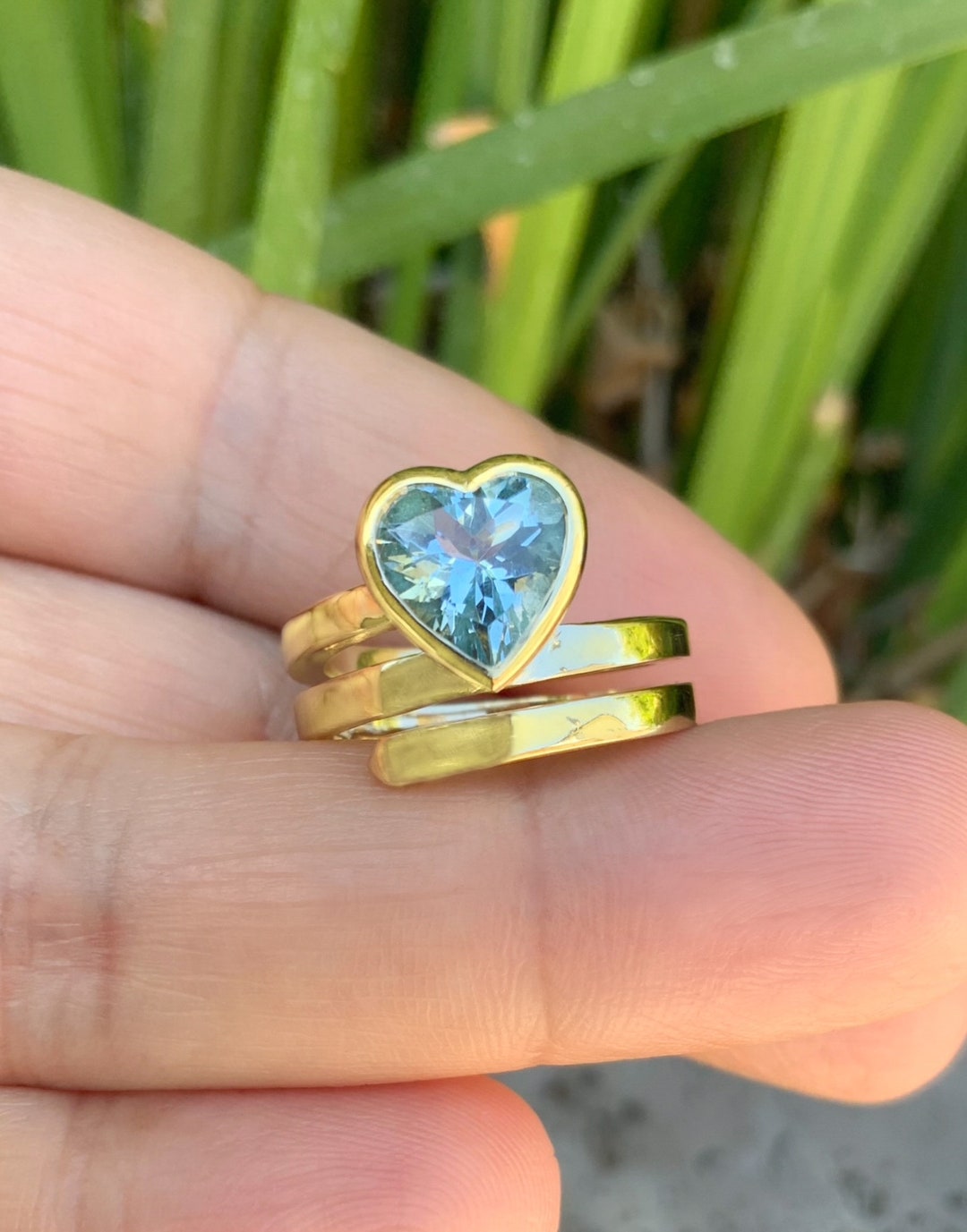 Aquamarine Heart Ring/ Bold Spiral Heart Ring/ Unique Bezel Set ...