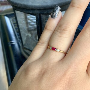 Dainty Ruby Diamond 3 Stone Ring/ Delicate Horizontal Baguette Ruby Mothers Ring/ July ...