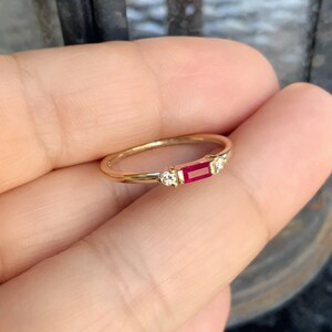 Dainty Ruby Diamond 3 Stone Ring/ Delicate Horizontal Baguette Ruby Mothers Ring/ July ...