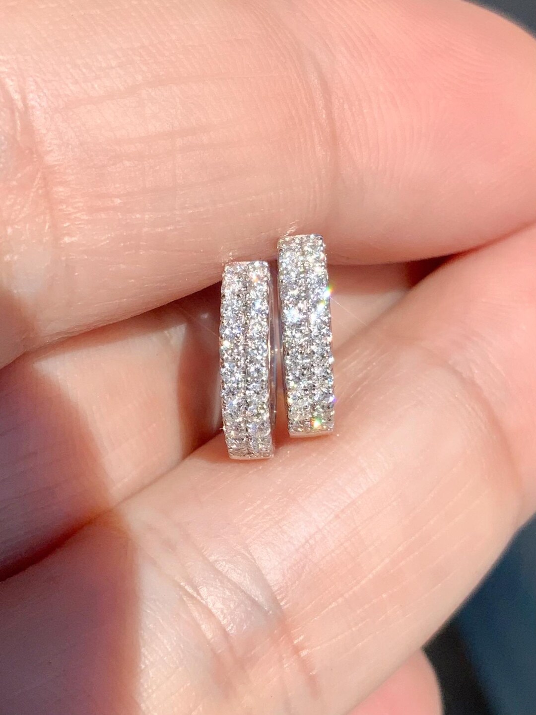 Double Row Diamond Hoop Earring/ 2 Row Pave Huggie/ 12mm Mini Hoop ...