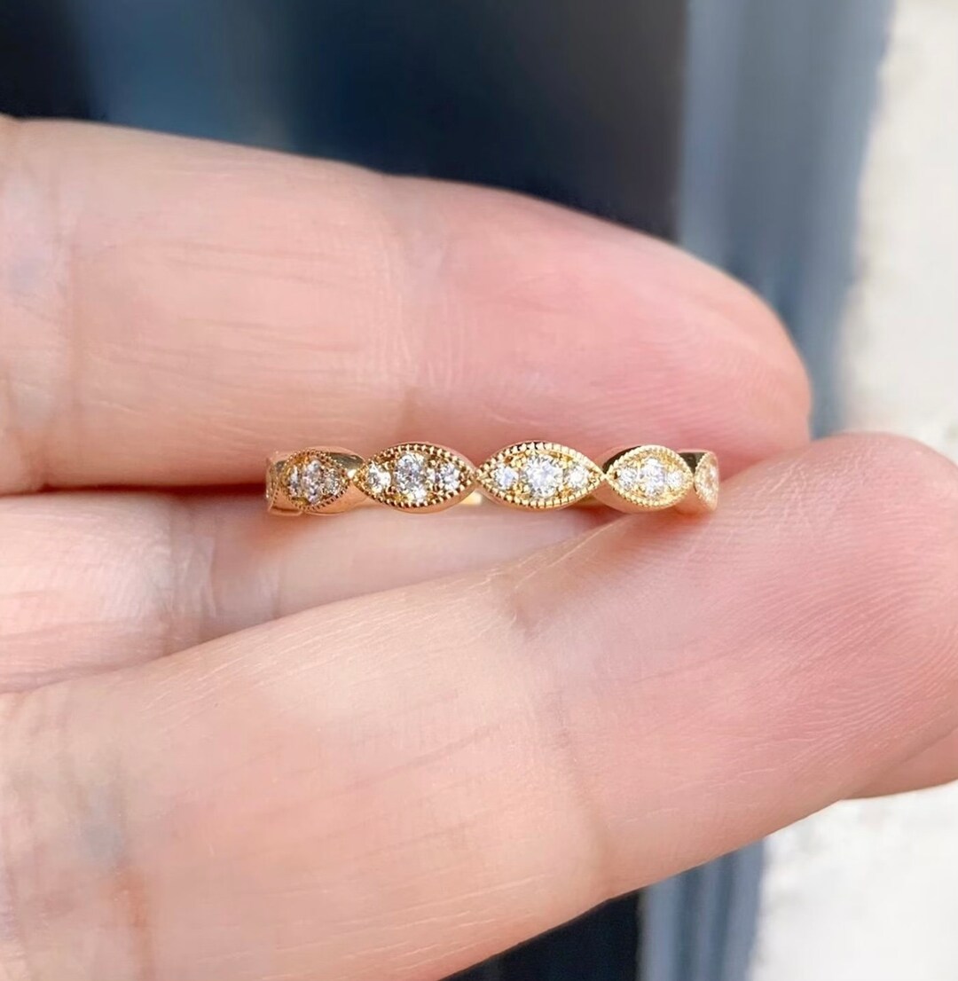 Diamond Milgrain Marquise Ring/ 3mm Half Eternity Wedding Band/ Marquise Shapes W 3 Natural ...