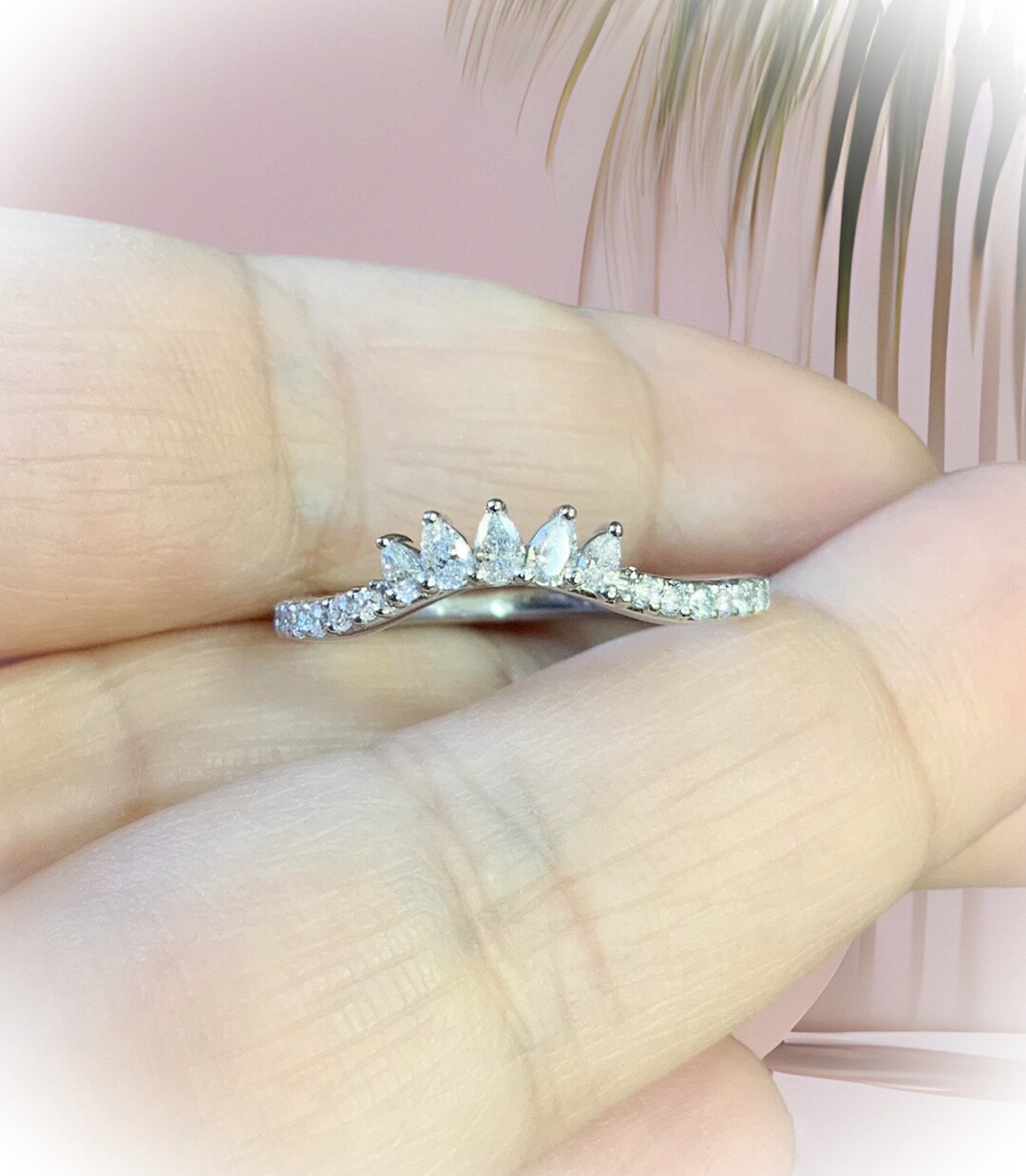 Curved Wedding Band/ Pear Shape Lab Grown Diamond Crown Tracer Layering ...
